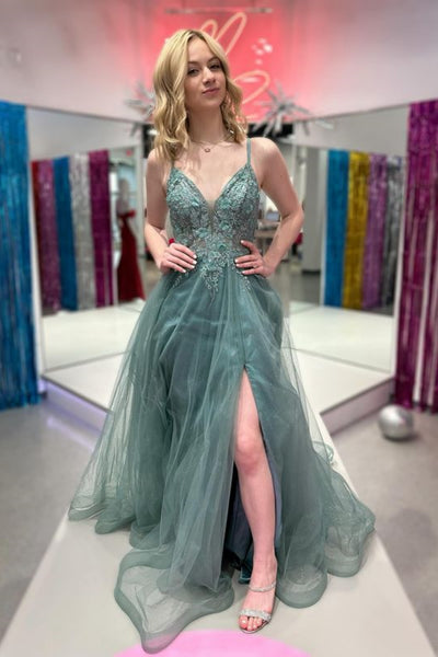 A Line V Neck Sage Lace Long Prom Dress with High Slit, Sage Lace Form ...