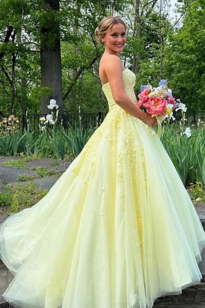Strapless Yellow Lace Long Prom Dress, Yellow Lace Formal Dress, Long ...