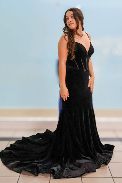 V Neck Mermaid Black Velvet Long Prom Dress with Train, Mermaid Black ...