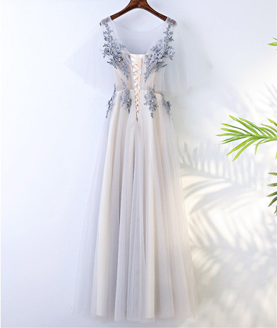 A Line Round Neck Short Sleeves Lace Prom Dresses With Appliques, Lace ...