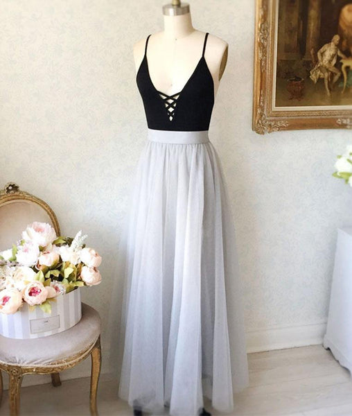 A Line V Neck Black Top Gray Prom Dresses, Gray Formal Dresses, V Neck ...