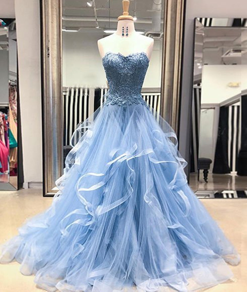 Blue Lace Tulle Long Prom Dresses, Blue Lace Ball Gown, Blue Lace Form ...