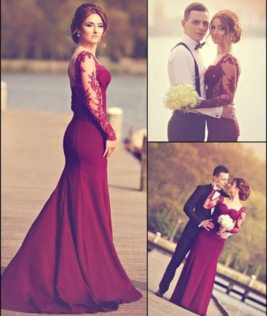 Custom Made Long Maroon Lace Prom Dresses, Maroon Lace Formal Dresses ...