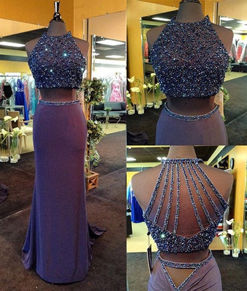 Custom Made Round-Neck Two-Pieces Beaded Prom Dresses, Long Evening Dr ...