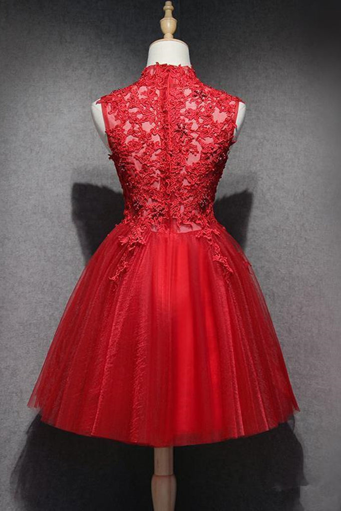 High Neck Red Lace Short Prom Dress, Red Lace Homecoming Dress, Red Fo ...