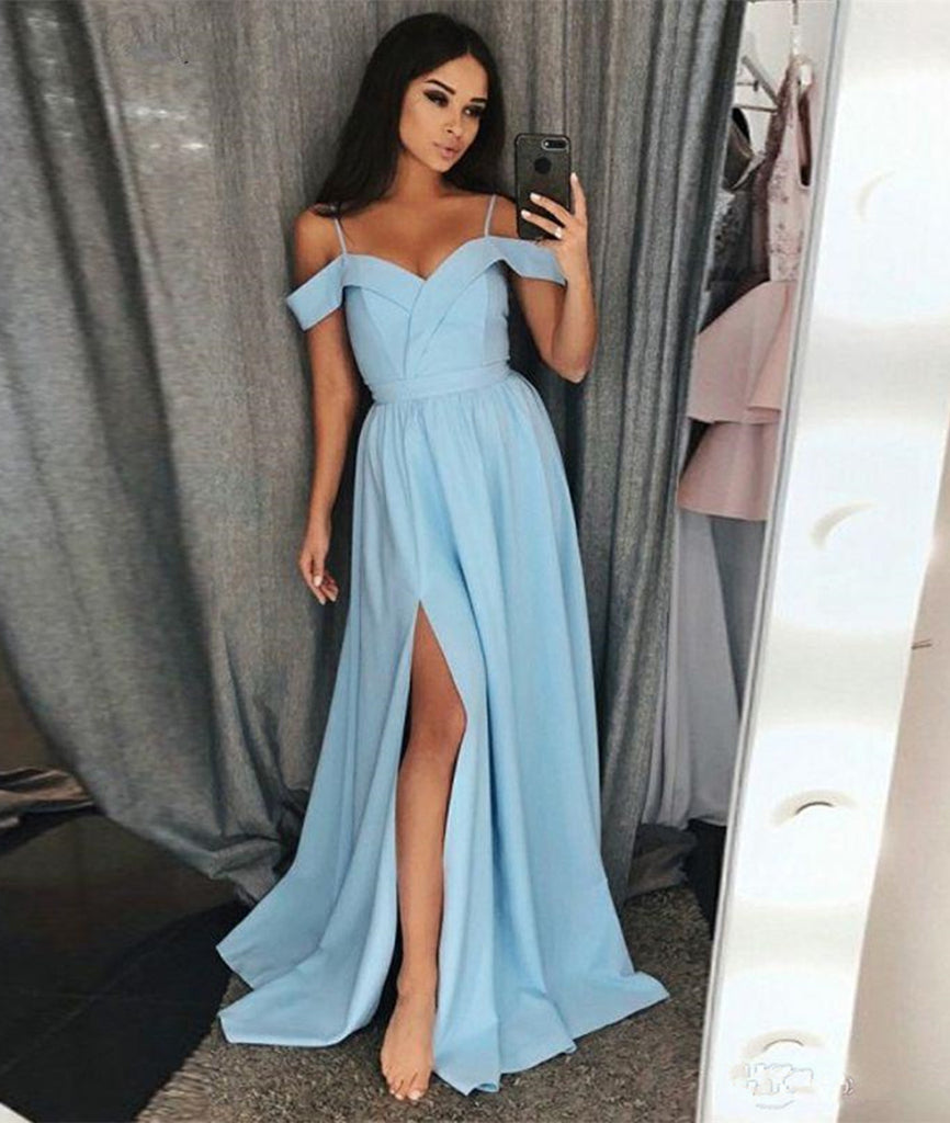 Off Shoulder Chiffon Red/Blue Long Prom Dresses with Leg Slit, Red/Blu ...