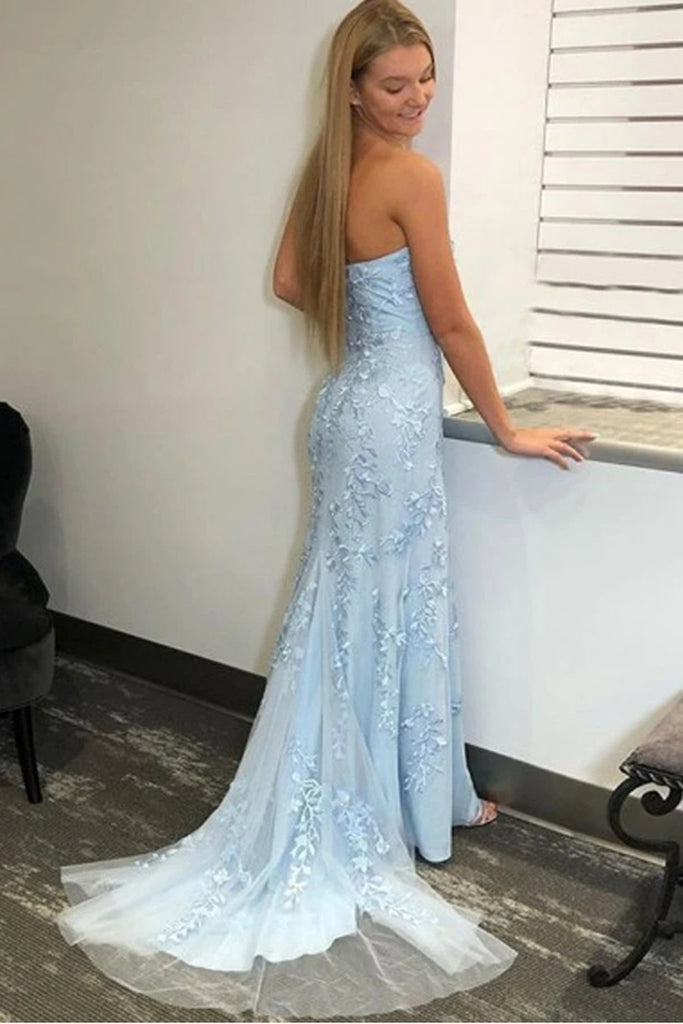 Strapless Mermaid Light Blue Lace Prom Dress with Split, Light Blue La ...