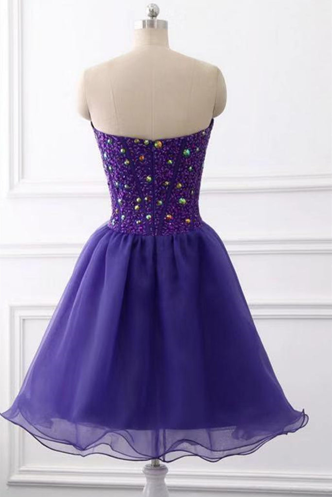 Sweetheart Neck Beaded Dark Purple Short Prom Dress, Strapless Dark Pu ...