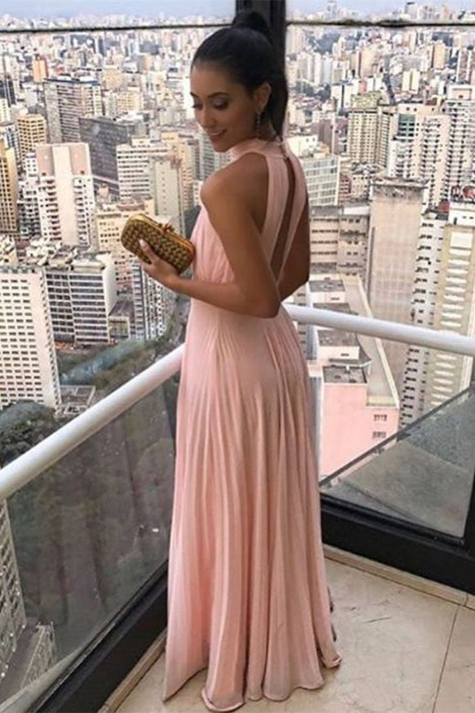 Unique Pink Chiffon Long Prom Dresses, Pleated Pink Formal Dresses, Pi ...